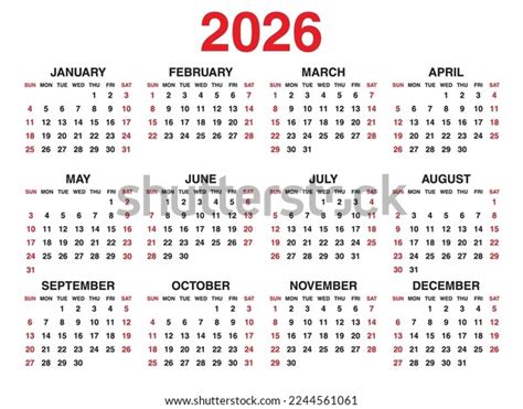 Calendar 2026 Year Vector Illustration Set Stock Vector Royalty Free 2244561061 Shutterstock