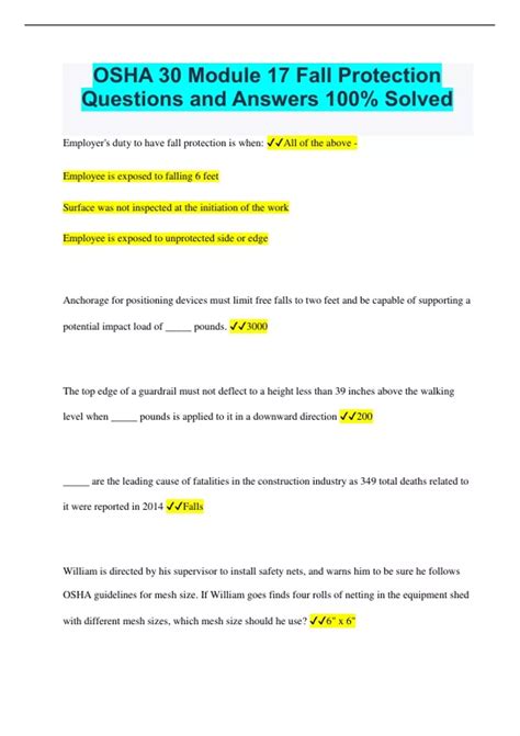 Osha 30 Module 17 Fall Protection Questions And Answers 100 Solved