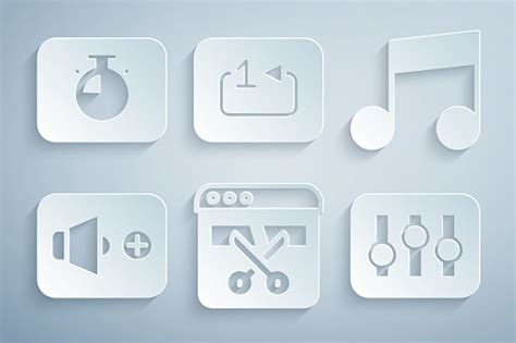 비디오 레코더 또는 편집기 음표 톤 스피커 볼륨 사운드 믹서 컨트롤러 반복 트랙 음악 플레이어 및 스톱워치 아이콘을 설정합니다 벡터 3차원 형태에 대한 스톡 벡터 아트 및