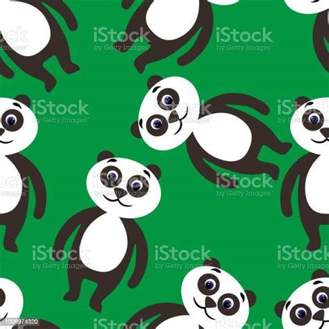 녹색 배경에 플랫 스타일에 귀여운 팬더와 원활한 패턴 장식 및 디자인 포장 벽지 포장지 직물 포스터 엽서 직물을위한 스톡 벡터