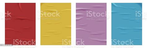 컬러 접착 직사각형 플래카드 또는 포스터 세트 3d 빈 용지 시트 벡터 일러스트레이션 빨간색 노란색 보라색 파란색 다른 색상의