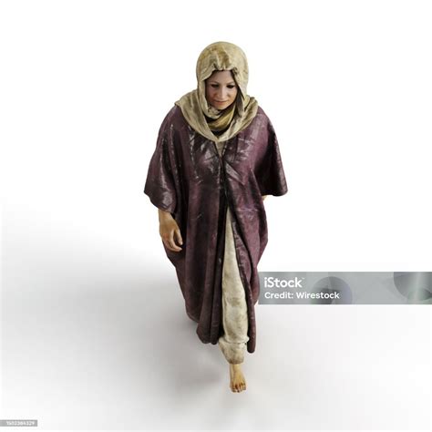 흰색 배경에 흙색 머리 스카프와 가운을 입은 여성의 3d 렌더링 3차원 형태에 대한 스톡 사진 및 기타 이미지 3차원 형태 가리기 걷기 Istock