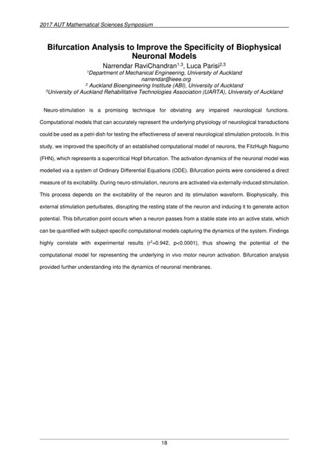 Pdf Bifurcation Analysis To Improve The Specificity Of Biophysical Neuronal Models
