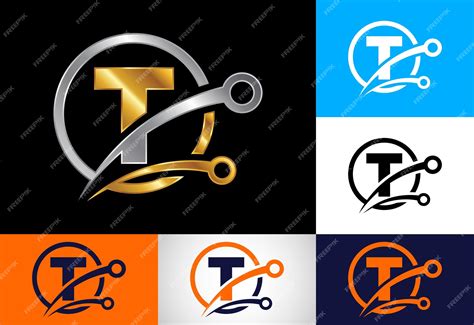 기술 기호가 있는 원의 초기 T 모노그램 알파벳 기술 로고 디자인 개념 벡터 템플릿 글꼴 엠블럼 프리미엄 벡터