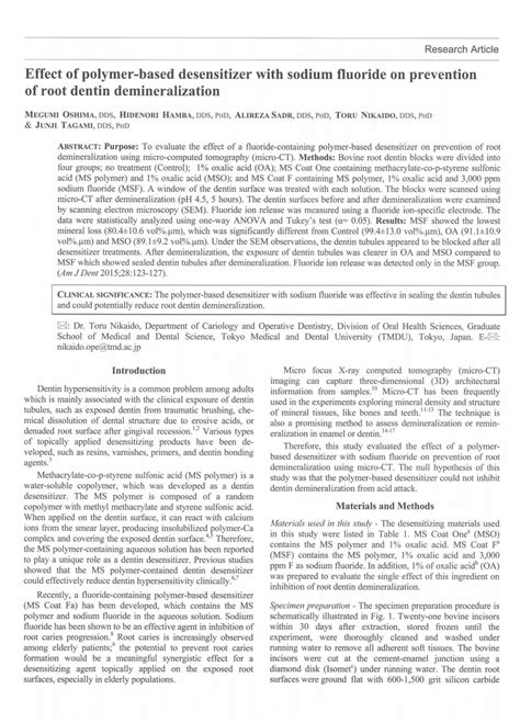 Pdf Effect Of Polymer Based Desensitizer With Sodium Fluoride On Prevention Of Root Dentin