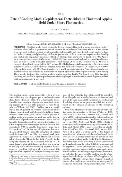 Pdf Fate Of Codling Moth Lepidoptera Tortricidae In Harvested Apples Held Under Short