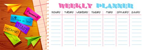 일일 계획의 개념 만화 스타일의 수업 일정 동기 부여 스티커가있는 나무 테이블의 배경에 수업 및 수업의 주간 일정 수첩에 대한