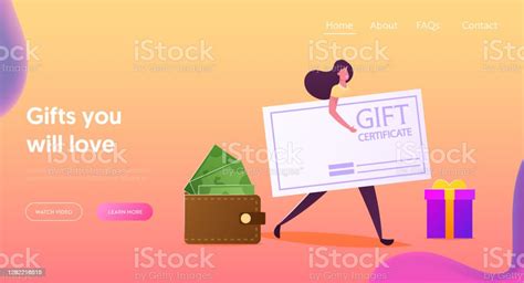 축제 판매 쇼핑 프로모션 제공 방문 페이지 템플릿 여성 캐릭터는 선물 상자 근처에 거대한 상품권을 가지고 개념에 대한 스톡 벡터 아트 및 기타 이미지 Istock