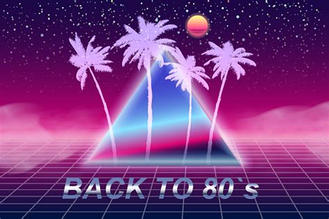 80의 복고풍 배너 증기파 미적 배경 Synthwave로 돌아갑니다 팜스 실루엣 트라이앵글 그리드 3d 일몰 레트로웨이브 1980 1989 년에 대한 스톡 벡터 아트 및