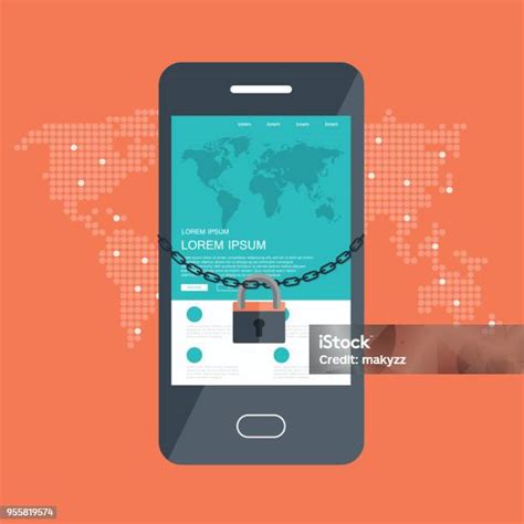 휴대 전화의 주위에 사슬 자물쇠와 보안 개념 돋보기와 노트북 검색 엔진 개념 평면 벡터 일러스트 레이 션 개념에 대한 스톡 벡터 아트 및 기타 이미지 Istock