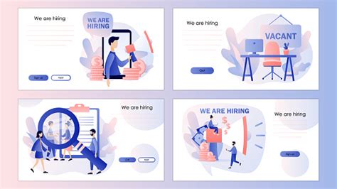 우리는 고용하고 있습니다 모집 및 헤드 헌팅 에이전시 작업 모바일 스마트 폰 방문 페이지 템플릿 Ui 웹 모바일 앱 포스터 배너 전단지용 화면 템플릿 현대 평면 만화