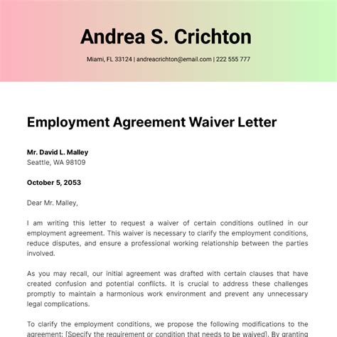 Free Employment Agreement Waiver Letter Template To Edit Online