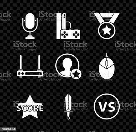 설정 마이크 조이스틱 메달 스타 게임에 대한 칼 Vs 대 전투 라우터와 와이파이 신호와 프리미엄 계정 화면 아이콘을 만들 벡터