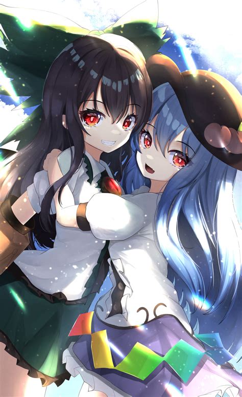 Safebooru 2girls Absurdres Black Hair Black Headwear Blue Hair Blue