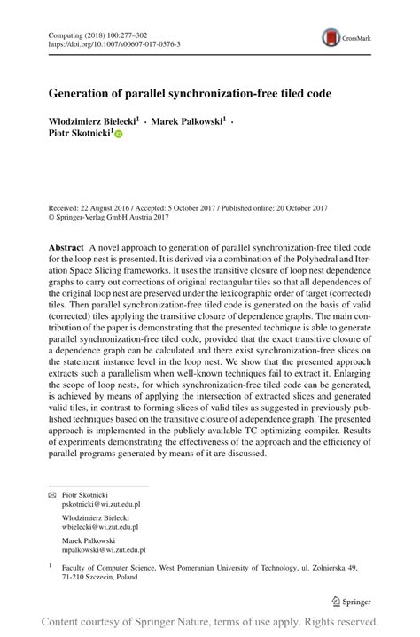 Generation Of Parallel Synchronization Free Tiled Code Request Pdf