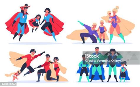 슈퍼 히어로 가족 원더 아빠 엄마와 아이들 슈퍼 히어로 마스크와 망토 의상 고립 된 벡터 일러스트 세트의 슈퍼 히어로 캐릭터