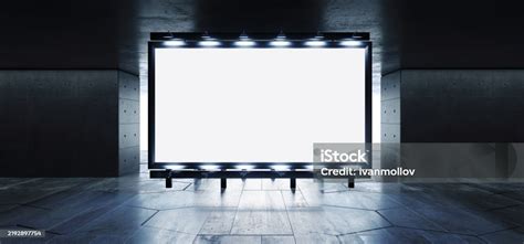 공상 과학 광고판 현대 사이버 차고 그런 지 격납고 쇼케이스 광고 큰 흰색 비행기 외계인 우주선 미래 현실적 아스팔트 시멘트 콘크리트 터널 창고 3d 렌더링 0명에 대한