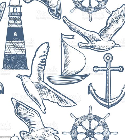 등 대 보트 갈매기 앵커와 스티어링 휠 라이트 완벽 한 패턴입니다 그래픽 손으로 그려 해상 배경 벡터 일러스트 레이 션 닻에 대한 스톡 벡터 아트 및 기타 이미지 Istock