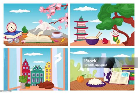 플랫 디자인의 벡터 일러스트레이션의 여행 엽서 세트 여행 세계 랜드 마크 및 관광 기호 구성 휴가 우편 카드 0명에 대한 스톡 벡터 아트 및 기타 이미지 Istock