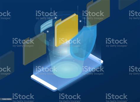 폴더 구름 표현 홀로그램 개념 데이터 센터 클라우드 모바일 데이터 보호 등각 투영 평면 디자인입니다 벡터 일러스트입니다 개념에 대한 스톡 벡터 아트 및 기타 이미지 Istock