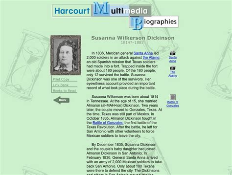 Harcourt Biographies Susanna Wilkerson Dickinson 1814 1883 Handout For 3rd 8th Grade