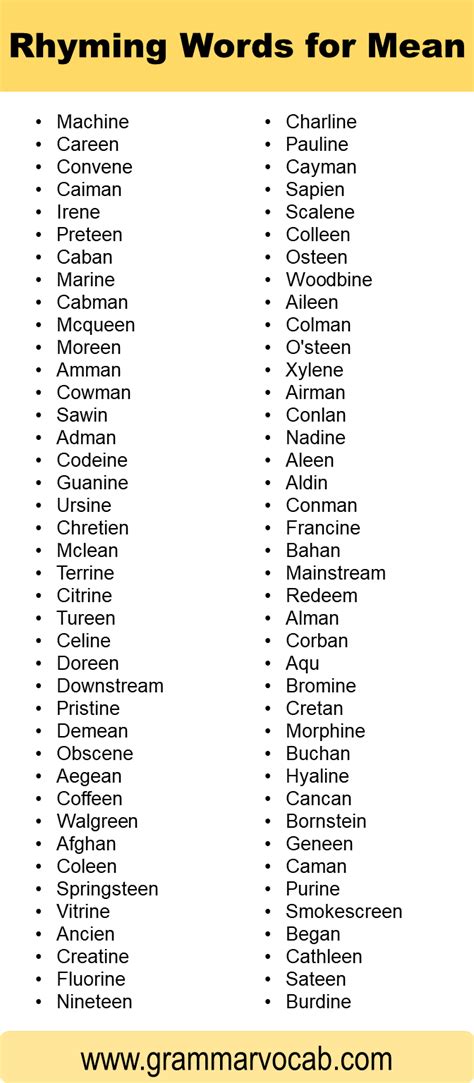 Words That Rhyme With Mean Grammarvocab