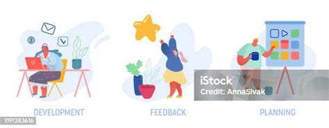 개발 계획 및 피드백 설정 흰색 배경에 격리 여자 작업 에 노트북 소녀 들고 등급 스타 남자 만들기 프리젠 테이션 에서 차트