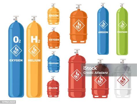 고압 및 밸브 플랫 벡터 일러스트가 흰색 배경에 격리된 액화 압축 가스가 있는 다양한 색상 모양 및 가스 탱크 가스 실린더 세트