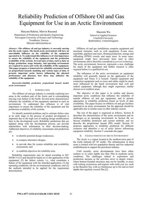 Pdf Reliability Prediction Of Offshore Oil And Gas Equipment For Use In An Arctic Environment
