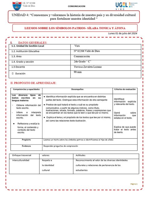 Sesion Comunicacion Leemos Sobre Los Simbolos Patrios Pdf
