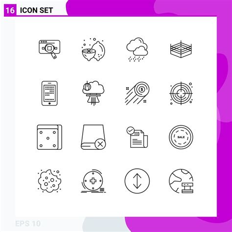 Editable Vector Line Pack Of 16 Simple Outlines Of Mobile Ring Food Boxing Weather Editable