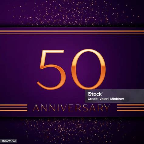 현실적인 50 년 기념일 축 하 디자인 배너입니다 황금 숫자와 보라색 배경에 색종이 당신의 생일 파티를 위한 다채로운 벡터 템플릿 요소 배경 주제에 대한 스톡 벡터 아트 및