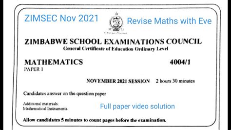 Zimsec Nov 2021 Maths Paper 1 Solutions For The Full Paper Youtube