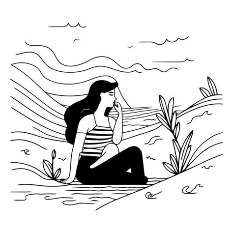 Vector Illustration Of A Girl Sitting On The Beach In The Evening Premium Ai Generated Vector