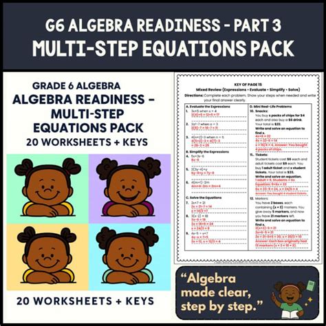 Grade 6 Algebra Readiness Multi Step Equations Pack 20 Worksheets