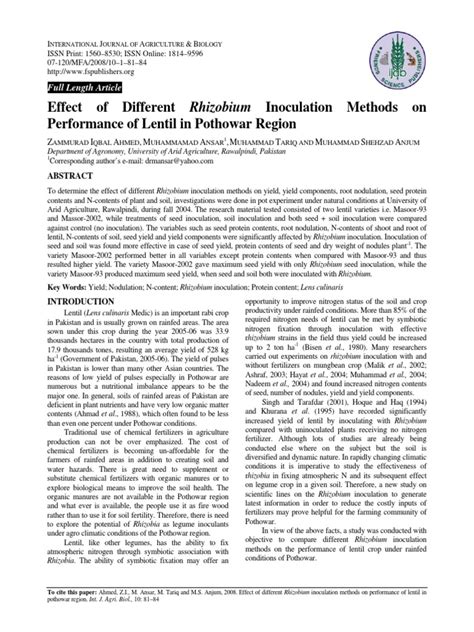 Effect Of Different Rhizobium Inoculation Methods On Pdf Lentil Legume