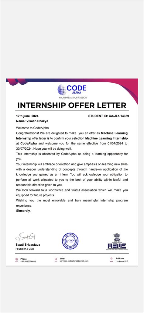 Vikash Shakya On Linkedin Machinelearning Internship Codealpha Careergrowth Techinnovation