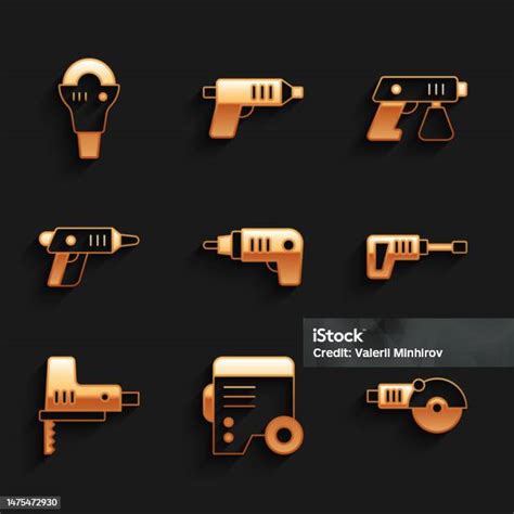 전기 무선 드라이버 발전기 앵글 그라인더 로터리 해머 드릴 머신 퍼즐 페인트 스프레이 건 및 아이콘을 설정합니다 벡터