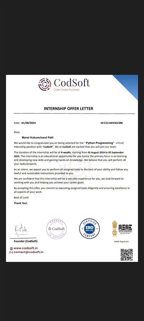 Mansi Patil On Linkedin Python Internship Programming Codsoft Learningjourney Careergrowth