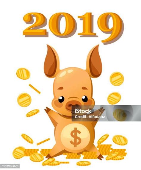 귀여운 돼지 저금통입니다 만화 캐릭터 디자인입니다 작은 돼지 금화와 함께 재생 합니다 떨어지는 동전 흰색 바탕에 평면 벡터 일러스트 2019 년 0명에 대한 스톡 벡터 아트