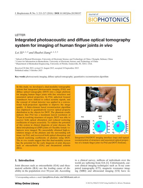 Pdf Integrated Photoacoustic And Diffuse Optical Tomography System For Imaging Of Human Finger