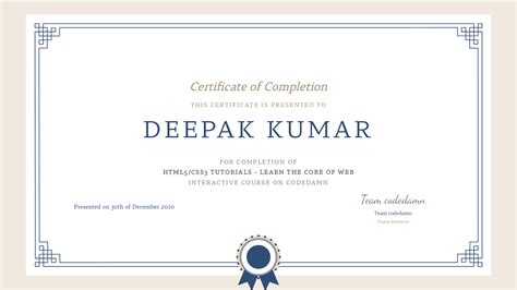 Deepak Kumars Certification For Learn Html And Css 2024 Ready Codedamn