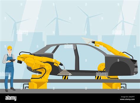 Engineer With A Digital Tablet Controls Robots On The Car Assembly Line