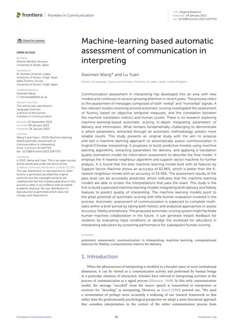 Pdf Machine Learning Based Automatic Assessment Of Communication In Interpreting