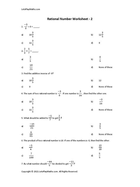Rational Numbers Worksheet 2 Pdf Arithmetic Mathematical Objects