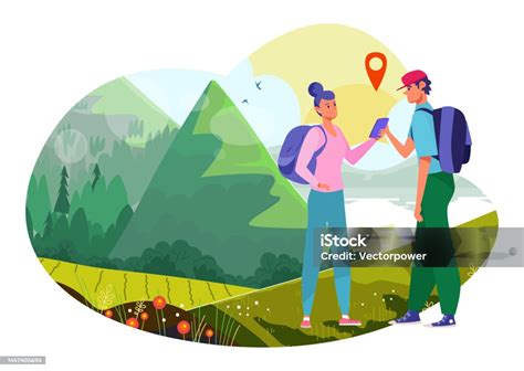 모험 여행 개념 벡터 일러스트 레이 션 여름 방학 휴가에 함께 여행하는 플랫 커플 남자 여자 캐릭터 사람들은 스마트폰을 들고