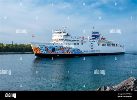 Chi Cheemaun Ferry Arriving At Manitoulin Island From Tobermory Stock