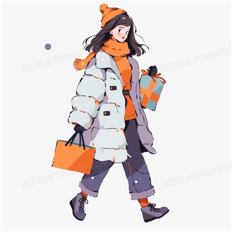 插画冬天美丽可爱女孩外出购物免抠元素png图片素材下载购物png熊猫办公