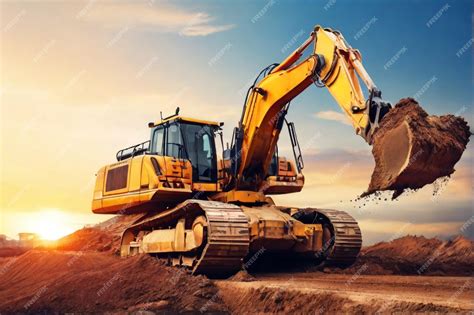 해가 지는 배경 에 있는 건설 현장 의 지상 에 있는 발굴기 뒷 굴착기 프리미엄 Ai 생성 벡터