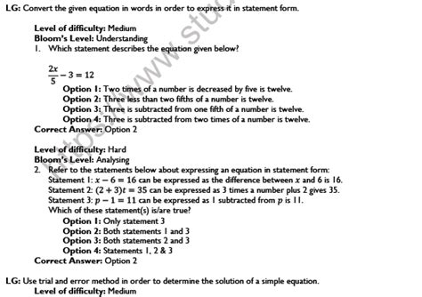 Cbse Class 7 Maths Simple Equations Worksheet Set A